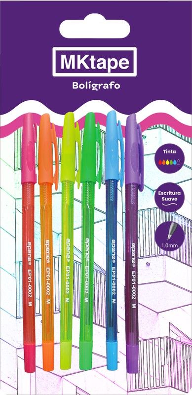 Blíster 6 Bolígrafos MKTape con Tapón Colores — Cartabon