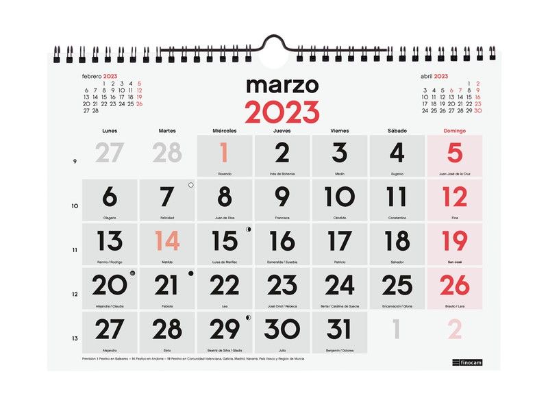Calendario Finocam neutro de pared con números grandes. Tamaño M. 2023 ...